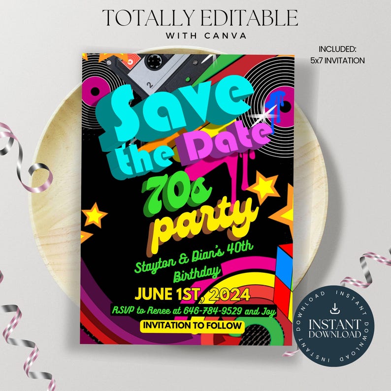 Editable Save the Date Invitation,70th Birthday Invitation 70s Invites ...