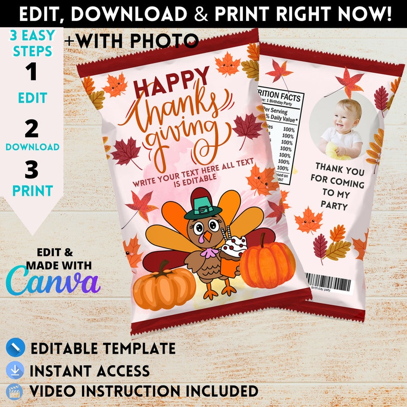 Editable Thanksgiving Chips Bag Canva Template Turkey Chip Bag Template ...