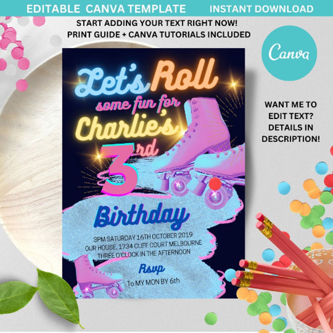 Roller Skate Invite, Roller Skate Party, Skating Invitation, Birthday ...