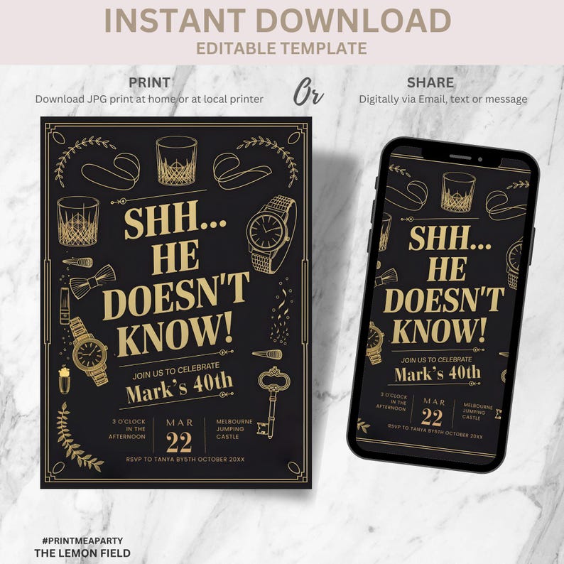 Editable Shhh Invitation Men Template Printable Personalized Surprise ...