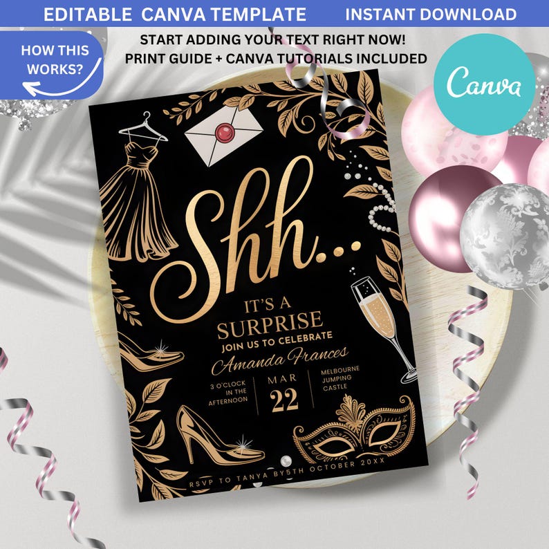 Editable Shhh Invitation Template Printable Personalized Surprise ...