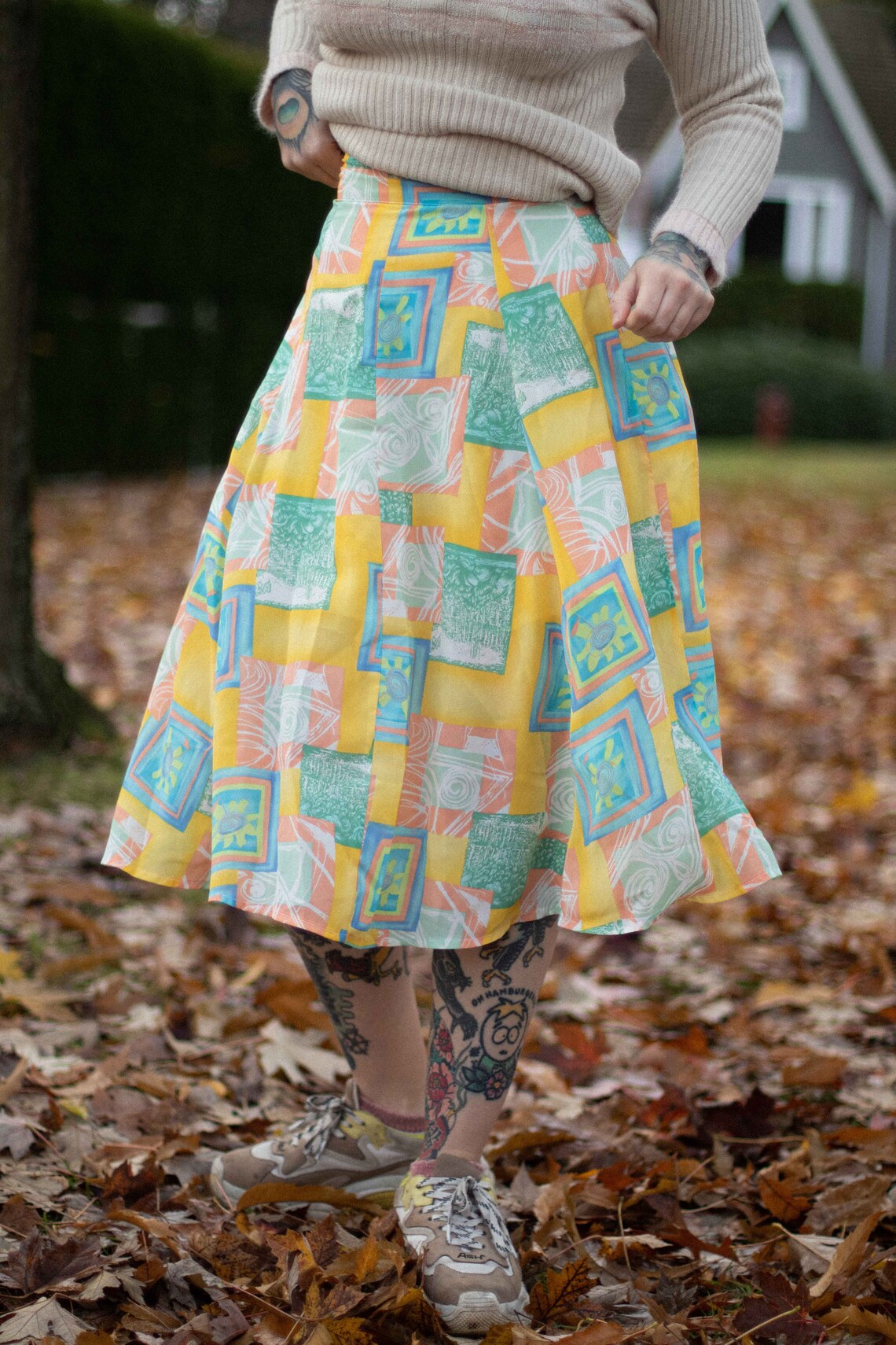 Square Pattern Long Circle Skirt Multi-colour Yellow Green - Etsy
