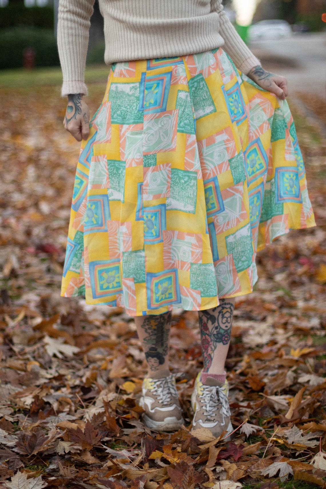 Square Pattern Long Circle Skirt Multi-colour Yellow Green - Etsy