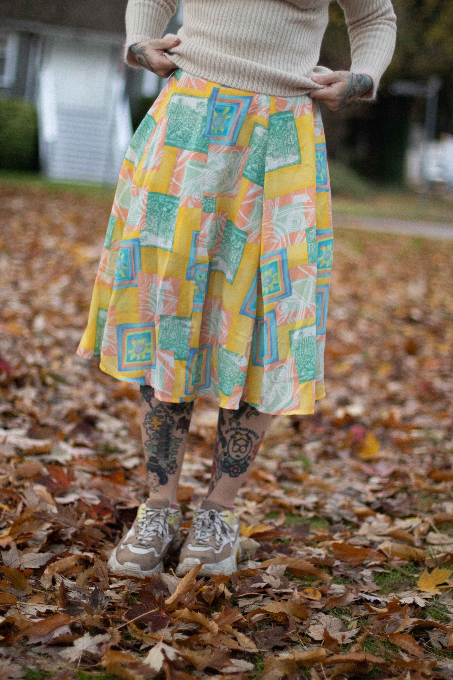 Square Pattern Long Circle Skirt Multi-colour Yellow Green - Etsy