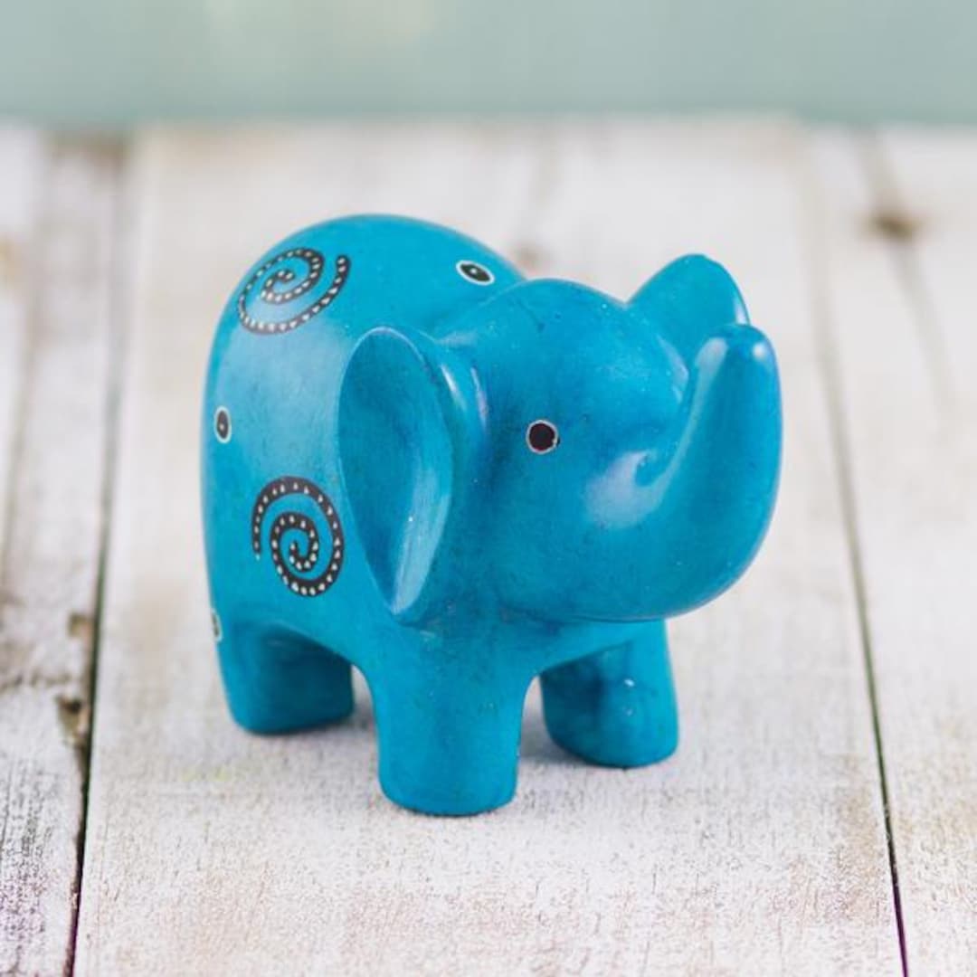 Handcrafted Light Blue Soapstone Small-eared Elephant Figurine ...