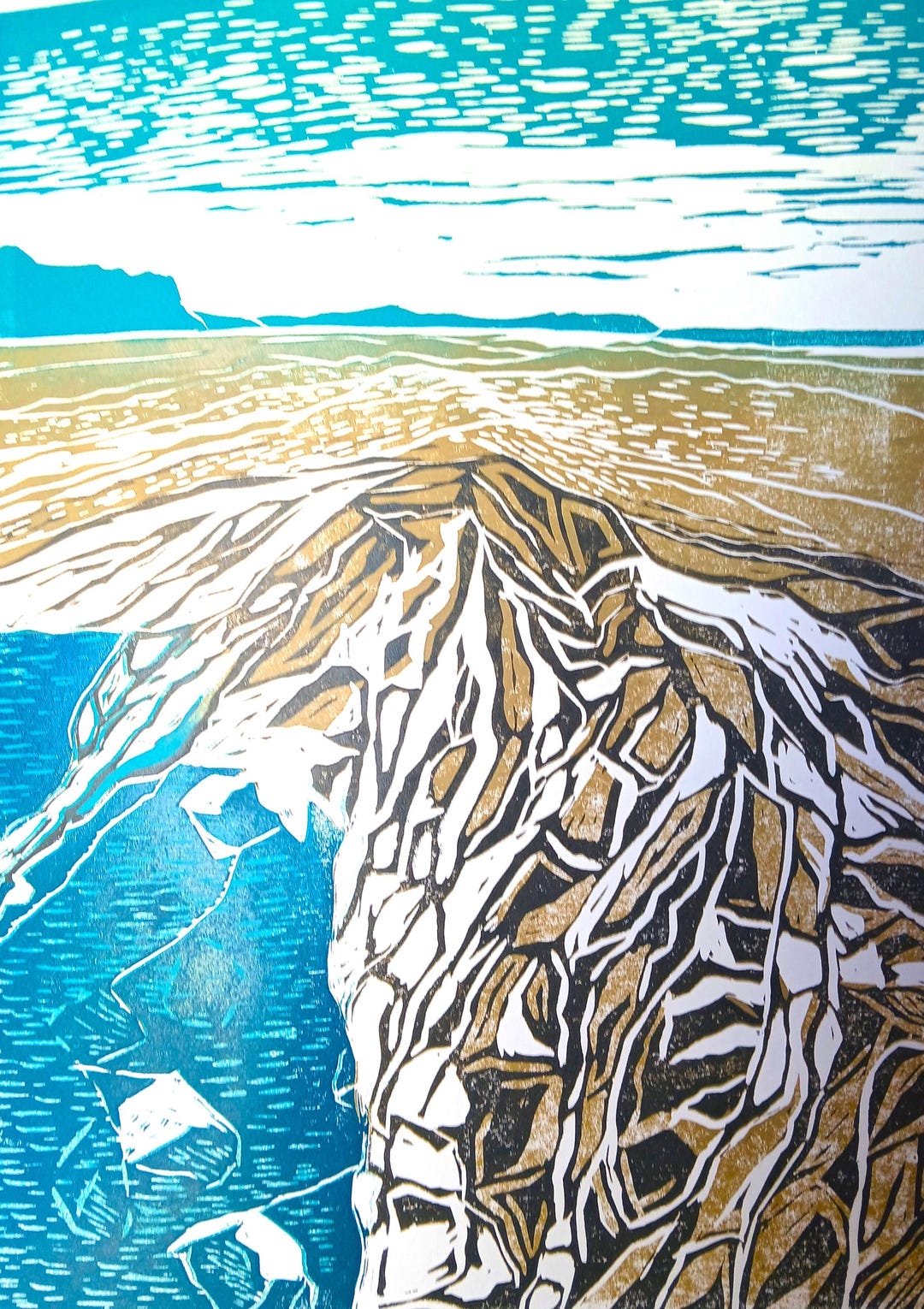 Rockpool and Sea Scene,large Artists Card, Coastal Scene From a Lino ...