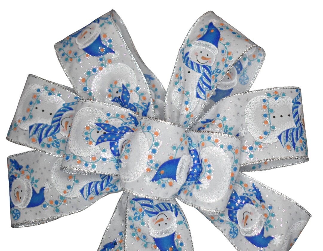 Blue Snowman Bow - Handmade Bow - Blue and White Bow - Christmas Bow ...