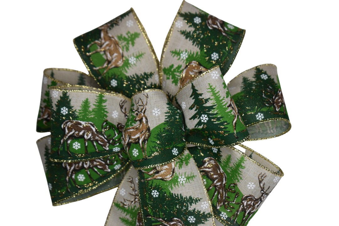 Deer and Evergreen Trees Bow - Handmade Bow - Linen Bow - Holiday Bow ...