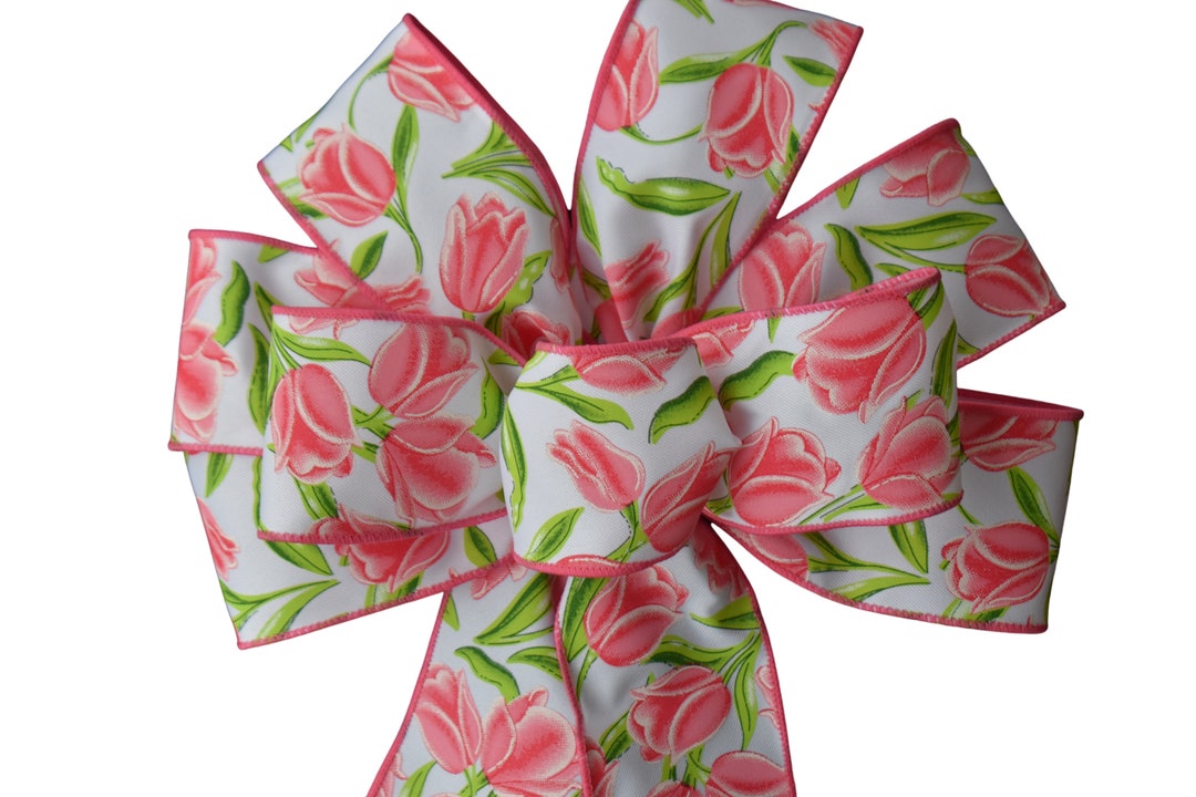 Pink Tulips Bow - Handmade Bow - Choose Size - Wired Wreath Bow ...