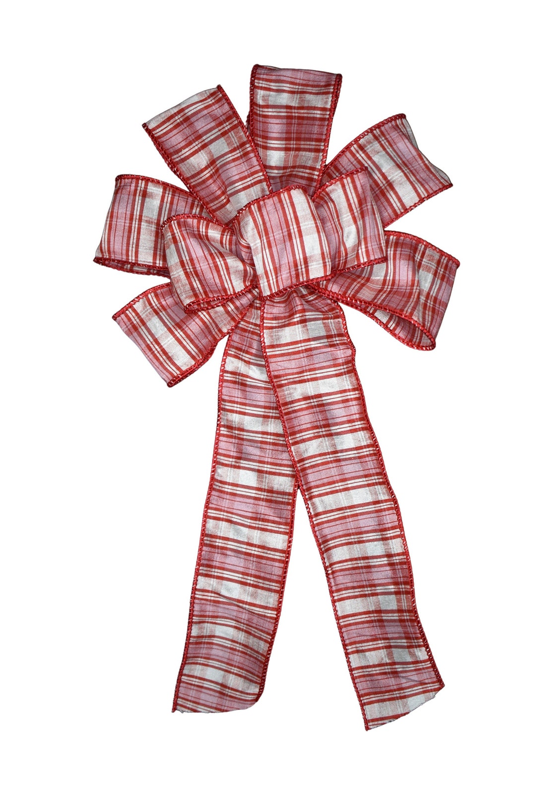 Red and White Plaid Bow - Handmade Bow - Wired Wreath Bow - Dupioni Bow ...