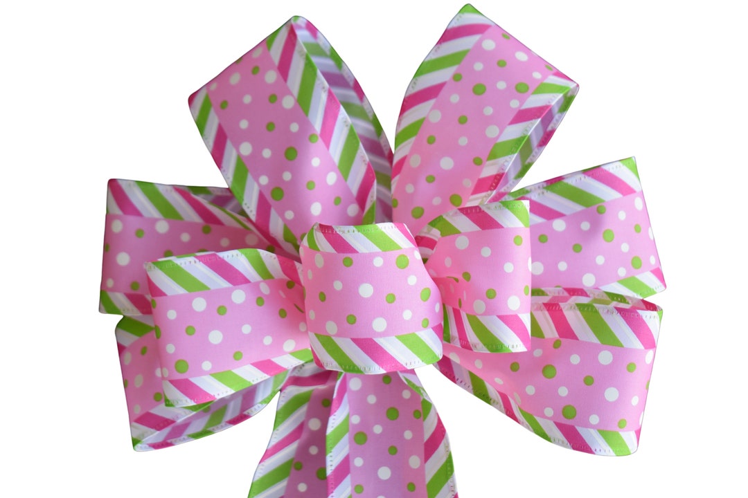 Spring Bow - Pink and Green Dots and Stripes Bow - Handmade Bow ...