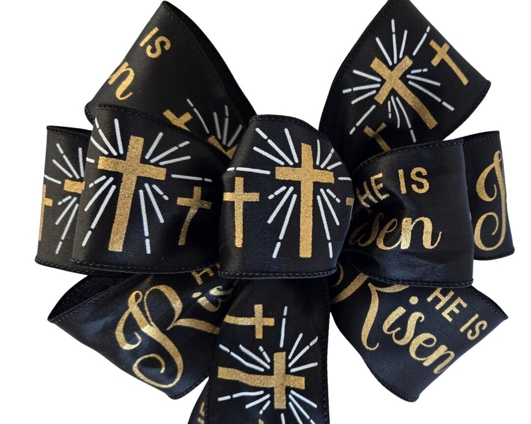 He is Risen Easter Bow - Black and Gold Bow - Wired Wreath Bow ...