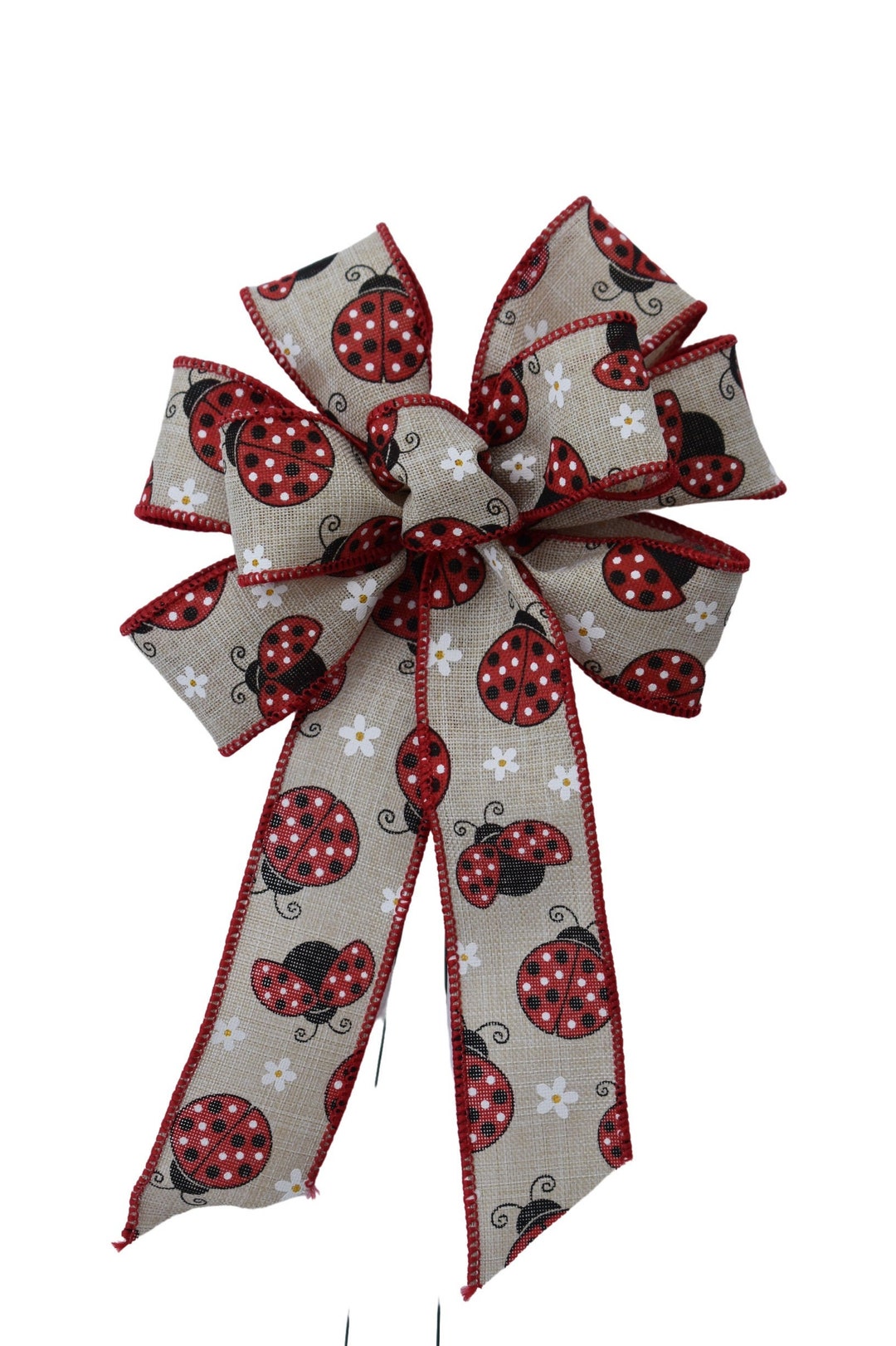 SMALL 6" Lady Bug Bow - Handmade Bow - Linen Bow - Wired Wreath Bow ...