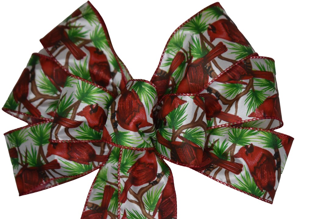 Cardinals on White Satin Bow - Handmade Bow - Red Bird Bow - Wired ...