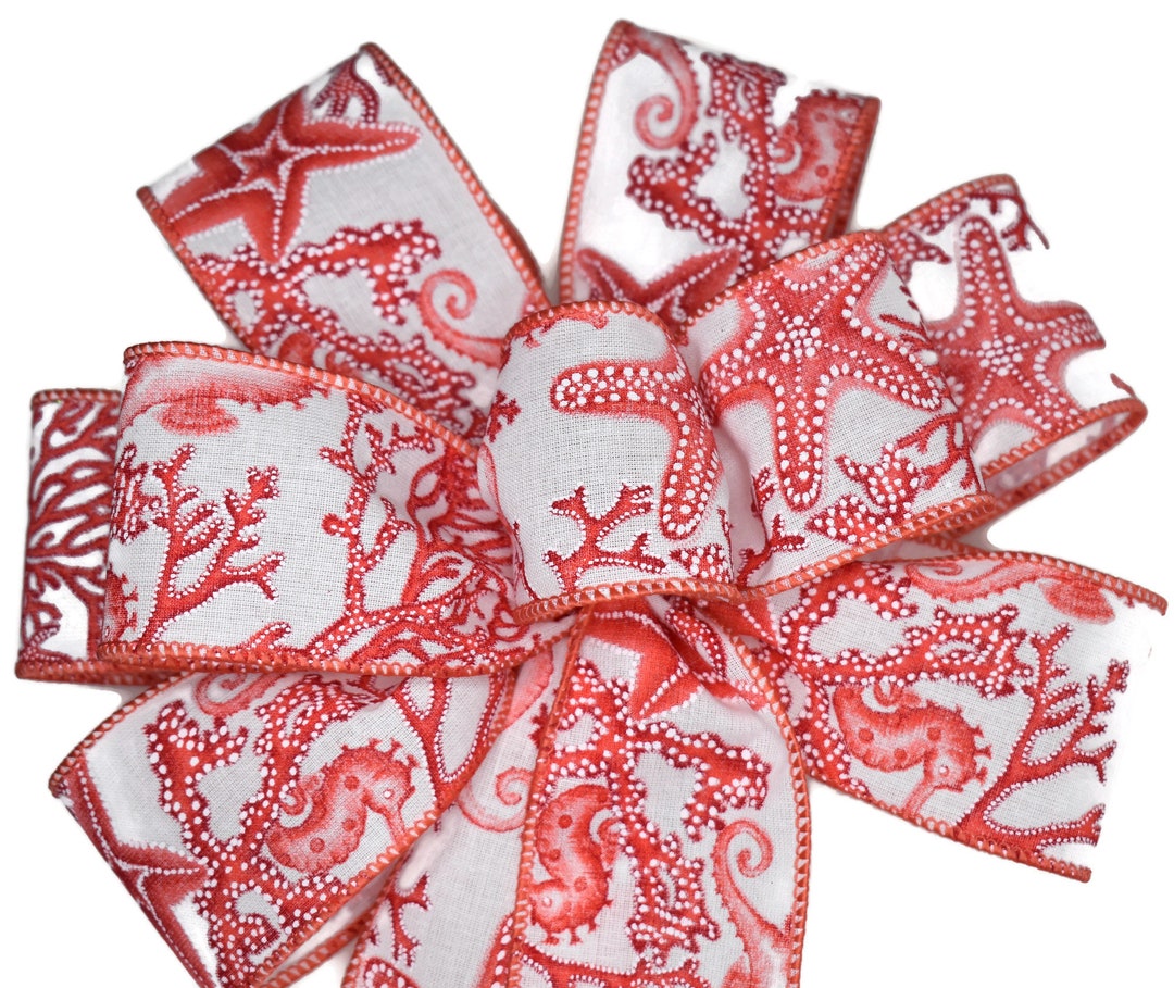 Pink Coral Seashore Beach Bow - Wired Wreath Bow - Handmade Bow ...