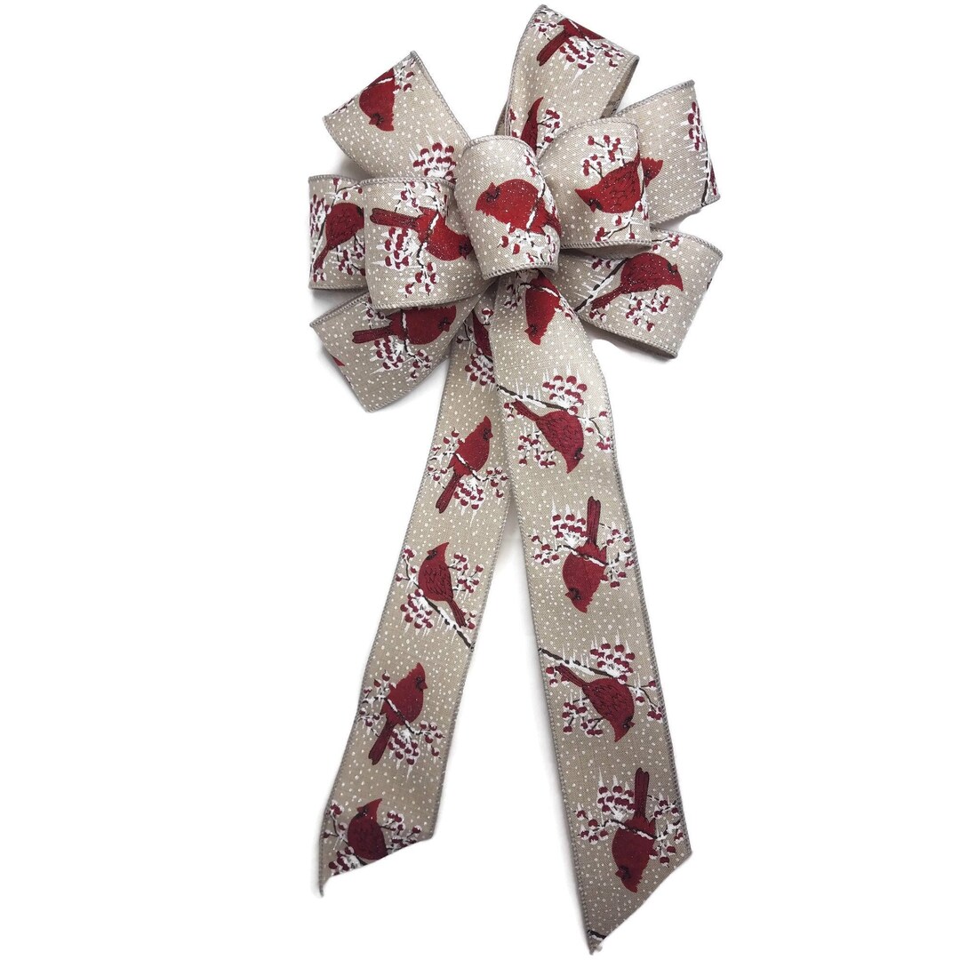 Red Cardinal on Natural Linen Ribbon Bow - Handmade Bow - Wired Wreath ...