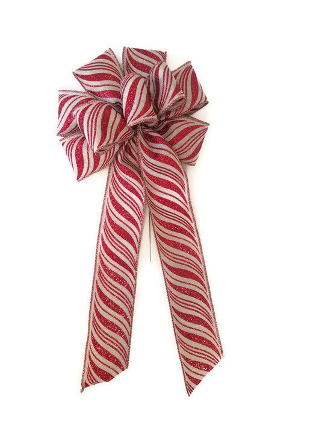 Natural Red Peppermint Glitter Swirl Christmas Bow - Wired Bow ...