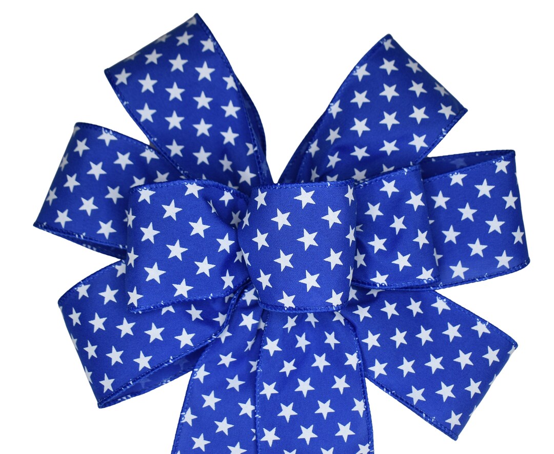 White Stars on Blue Patriotic Bow - Handmade Bow - Wired Wreath Bow ...