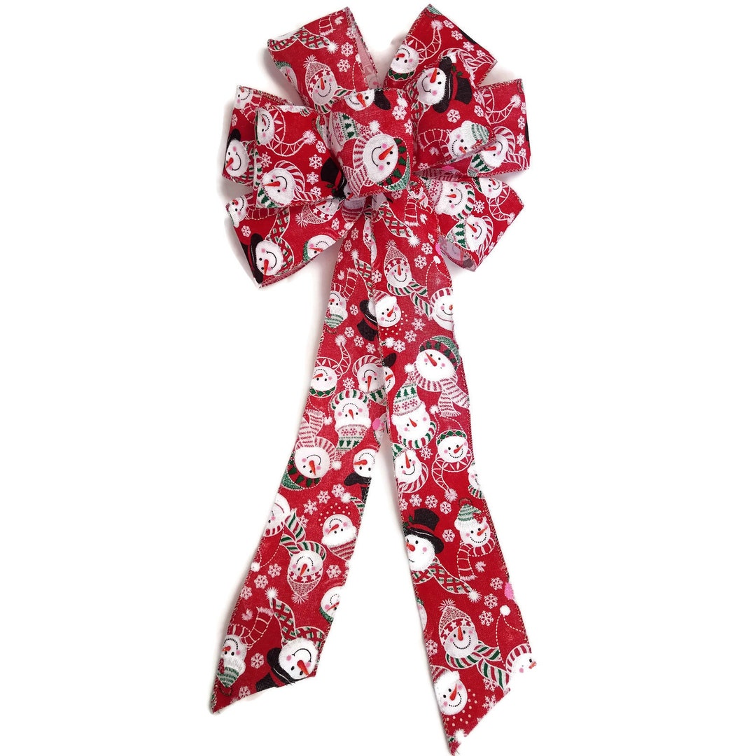 Snowman on Red Linen Bow - Wired Wreath Bow - Handmade Bow - Christmas ...