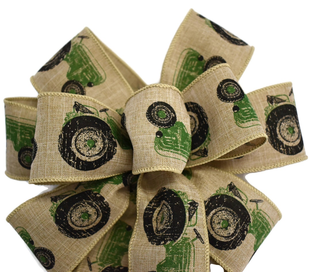 Green Tractor Bow - Handmade Bow - Natural Linen Bow - Wired Wreath Bow ...