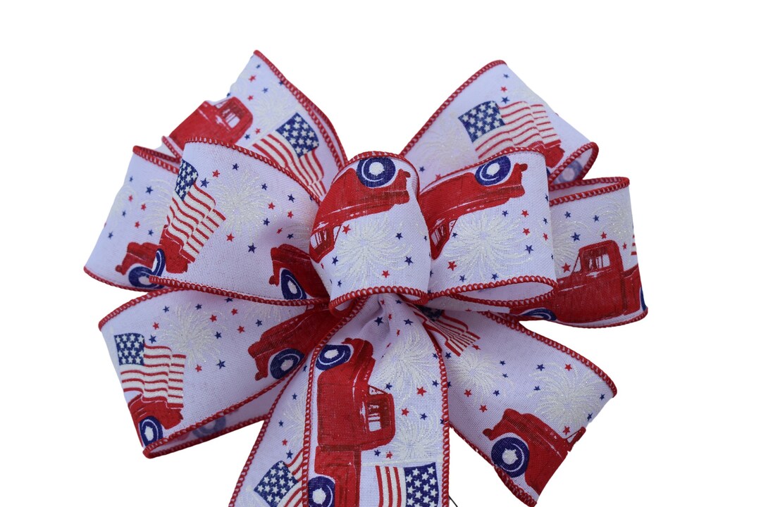 Patriotic Truck With Fireworks Bow - Wired Wreath Bow - Handmade Bow ...