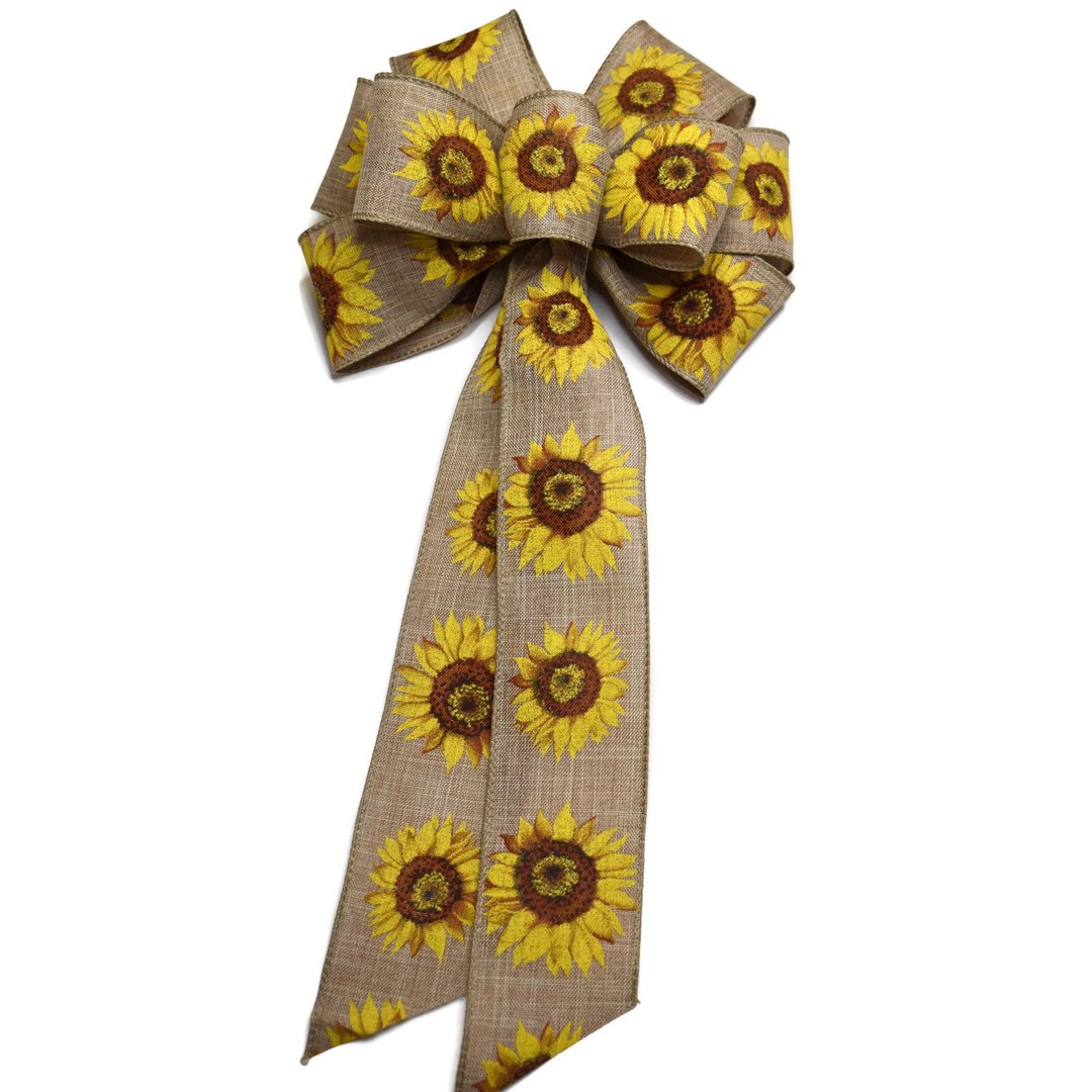 Sunflower on Natural Linen Bow - Handmade Bow - Wired Wreath Bow ...