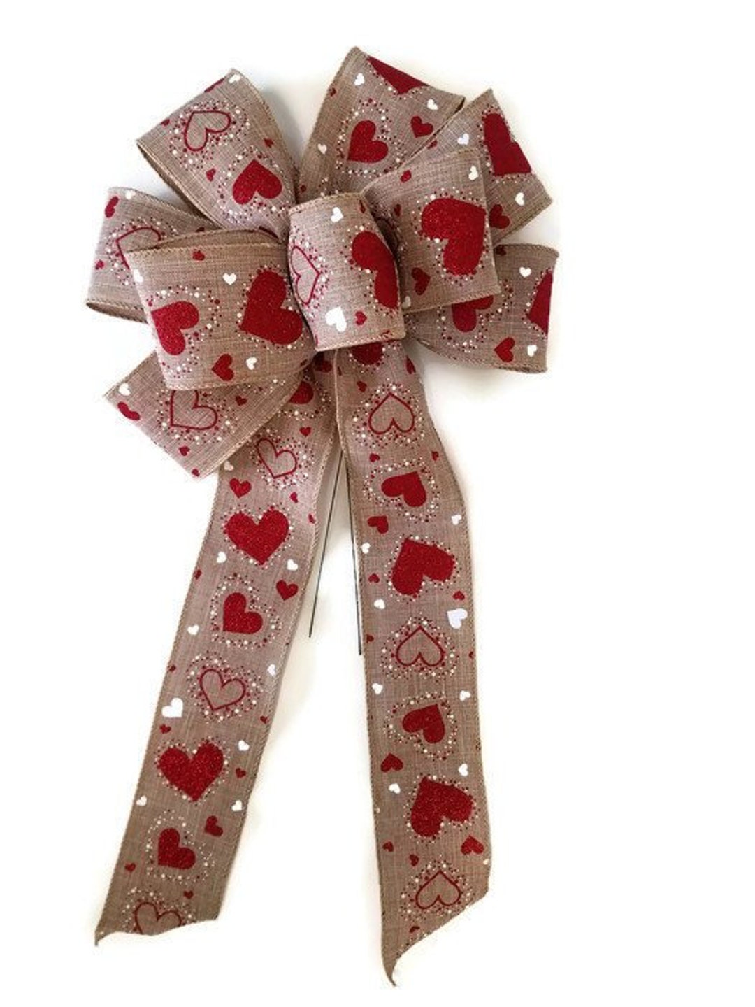 Red and White Hearts Bow - Linen Bow - Handmade Bow - Wired Wreath Bow ...