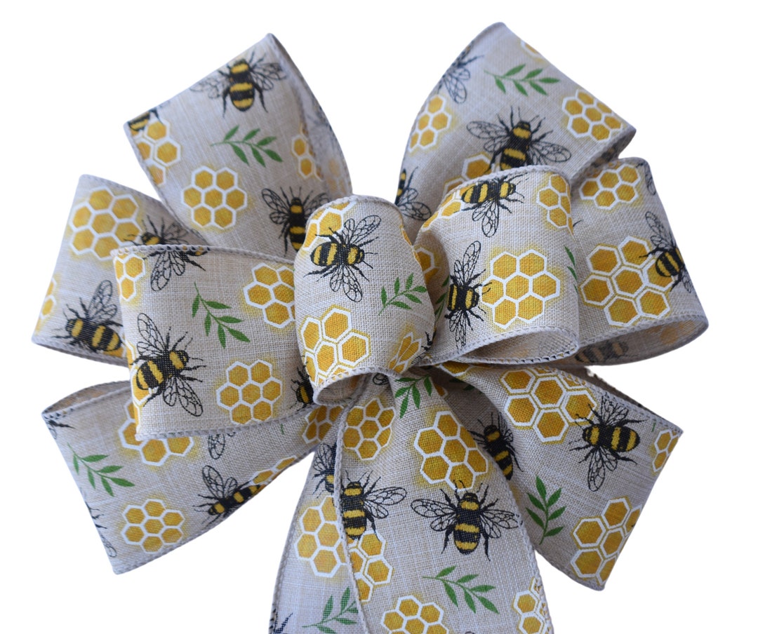 Bee and Honeycomb Bow - Handmade Bow - Linen Bow - Wired Wreath Bow ...