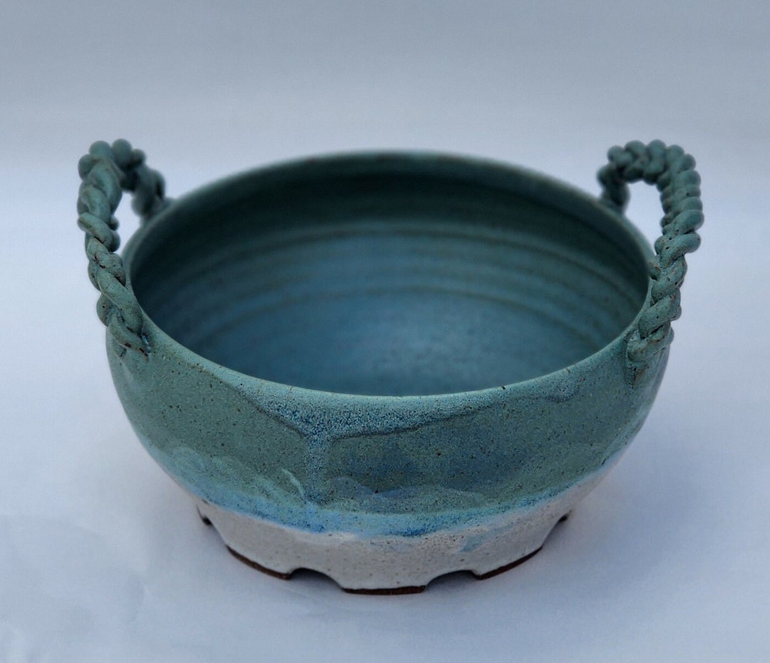 Handmade Ceramic Fruit Bowl | Braided Handle | Serving Dish | Blue and ...