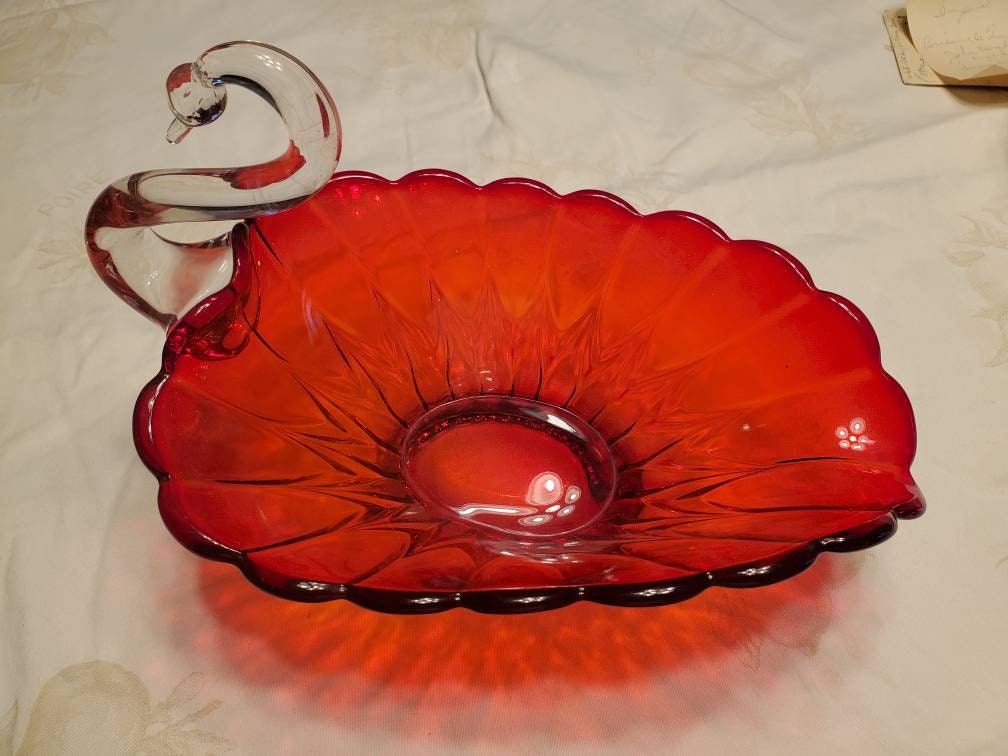 Viking Glass Heirloom Large Ruby Red Fluted Glass Crystal Swan Candy ...