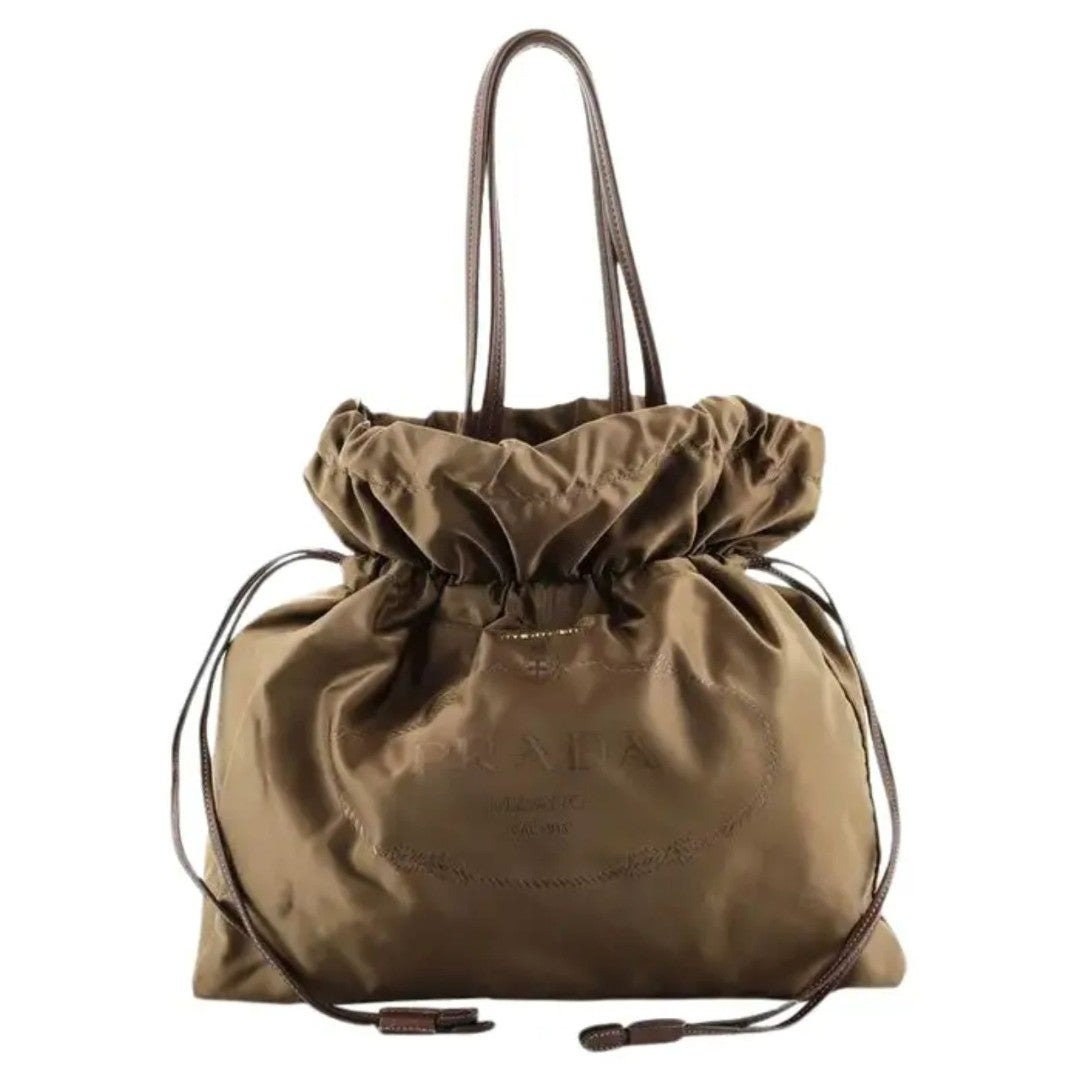 Prada Vintage Tessuto Drawstring Logo Nylon Leather Tote Medium Bronze ...