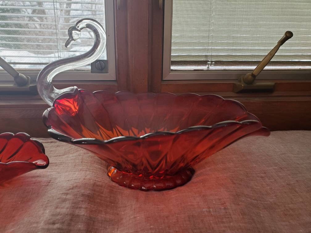 Viking Glass Heirloom Large Ruby Red Fluted Glass Crystal Swan Candy ...
