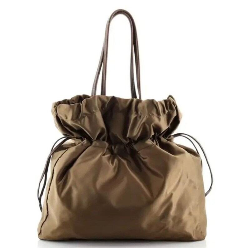 Prada Vintage Tessuto Drawstring Logo Nylon Leather Tote Medium Bronze ...