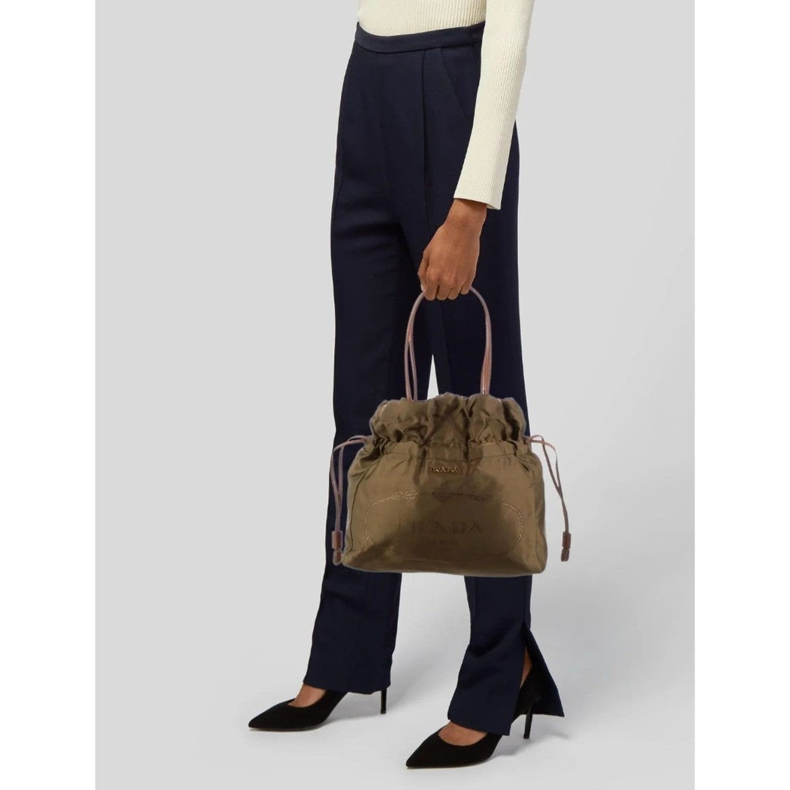 Prada Vintage Tessuto Drawstring Logo Nylon Leather Tote Medium Bronze ...