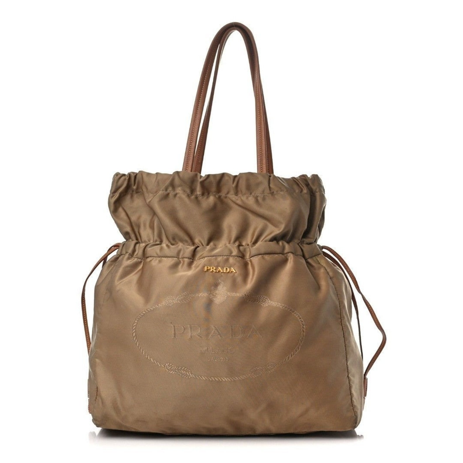Prada Vintage Tessuto Drawstring Logo Nylon Leather Tote Medium Bronze ...