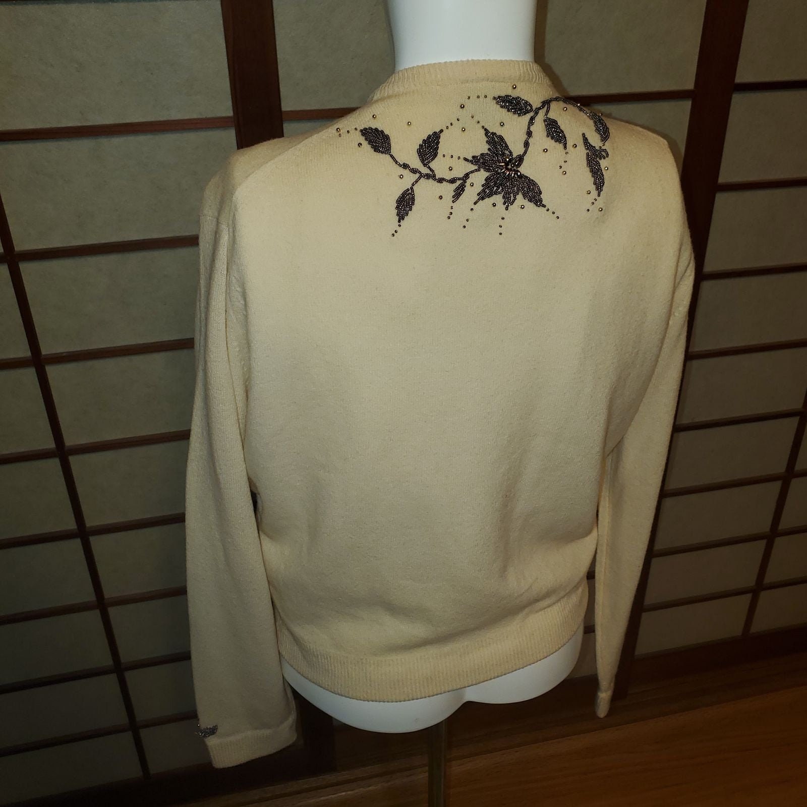 Rising Sun Co. Vintage Cream/beige 1950's Beaded Wool Cardigan Sweater ...
