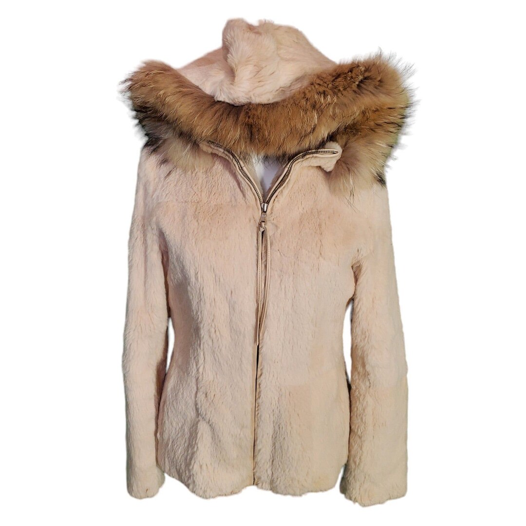 Andrew Marc Beige Sheared Rabbit Raccoon Trimmed Fur Hooded Coat Sz S ...