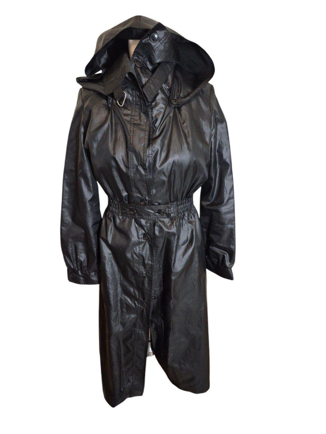 Furrina Vintage 60s 70s Trench Coat Mid Length Hooded Rain Jacket Black ...