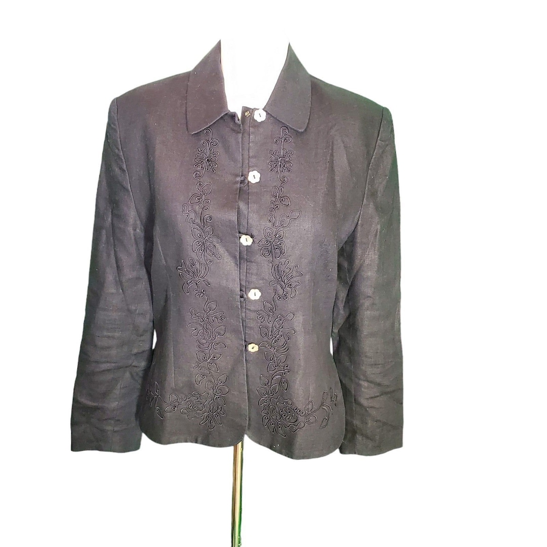 Lord & Taylor Vintage Navy Linen Embroidered Jacket Blazer Pearl ...