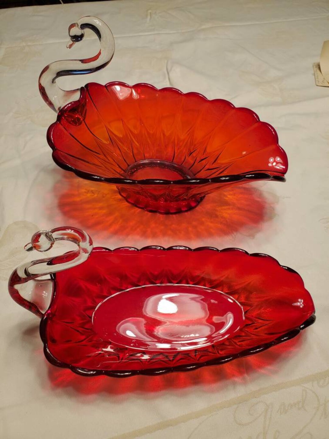 Viking Glass Heirloom Large Ruby Red Fluted Glass Crystal Swan Candy ...