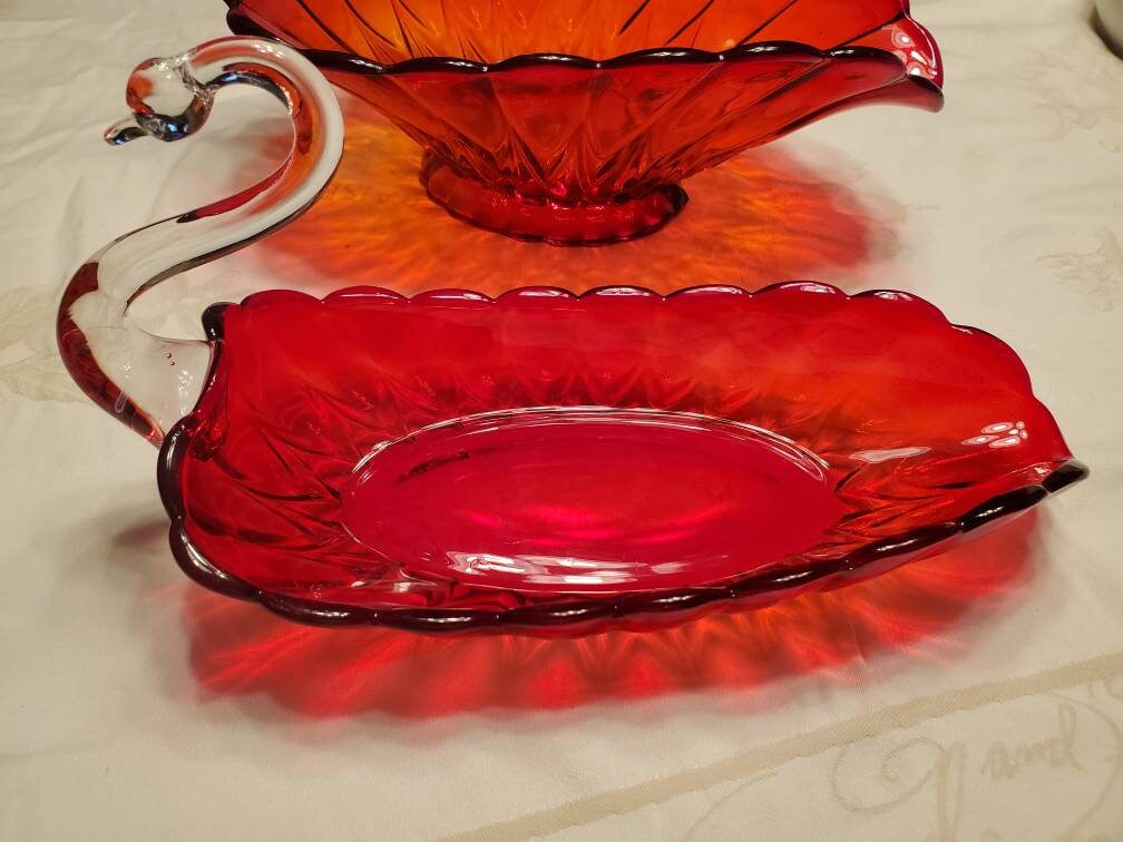 Viking Glass Heirloom Large Ruby Red Fluted Glass Crystal Swan Candy ...
