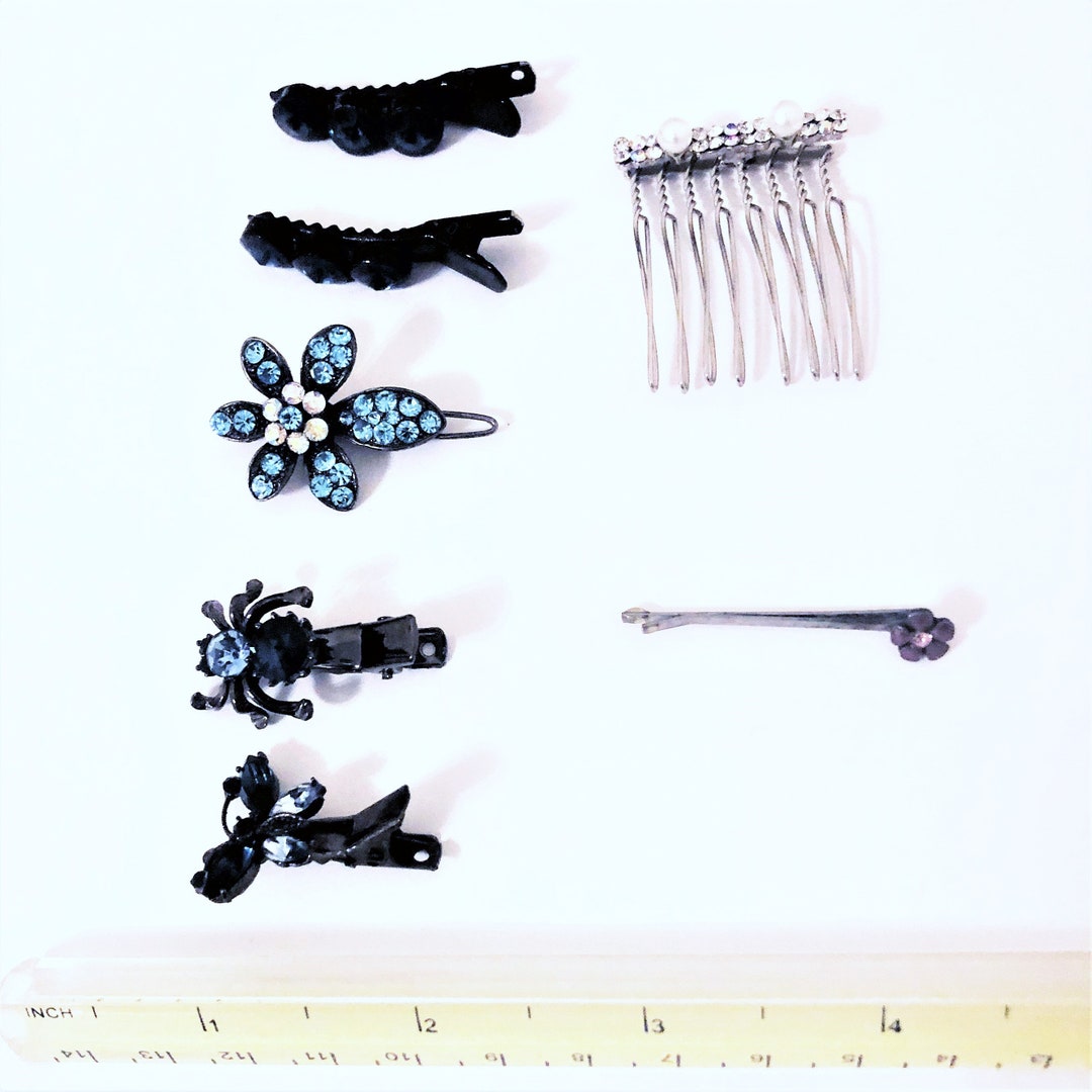 SET of 7 Sturdy Clear Rhinestone Hair Clips Hair Comb Light& Dark Blue ...