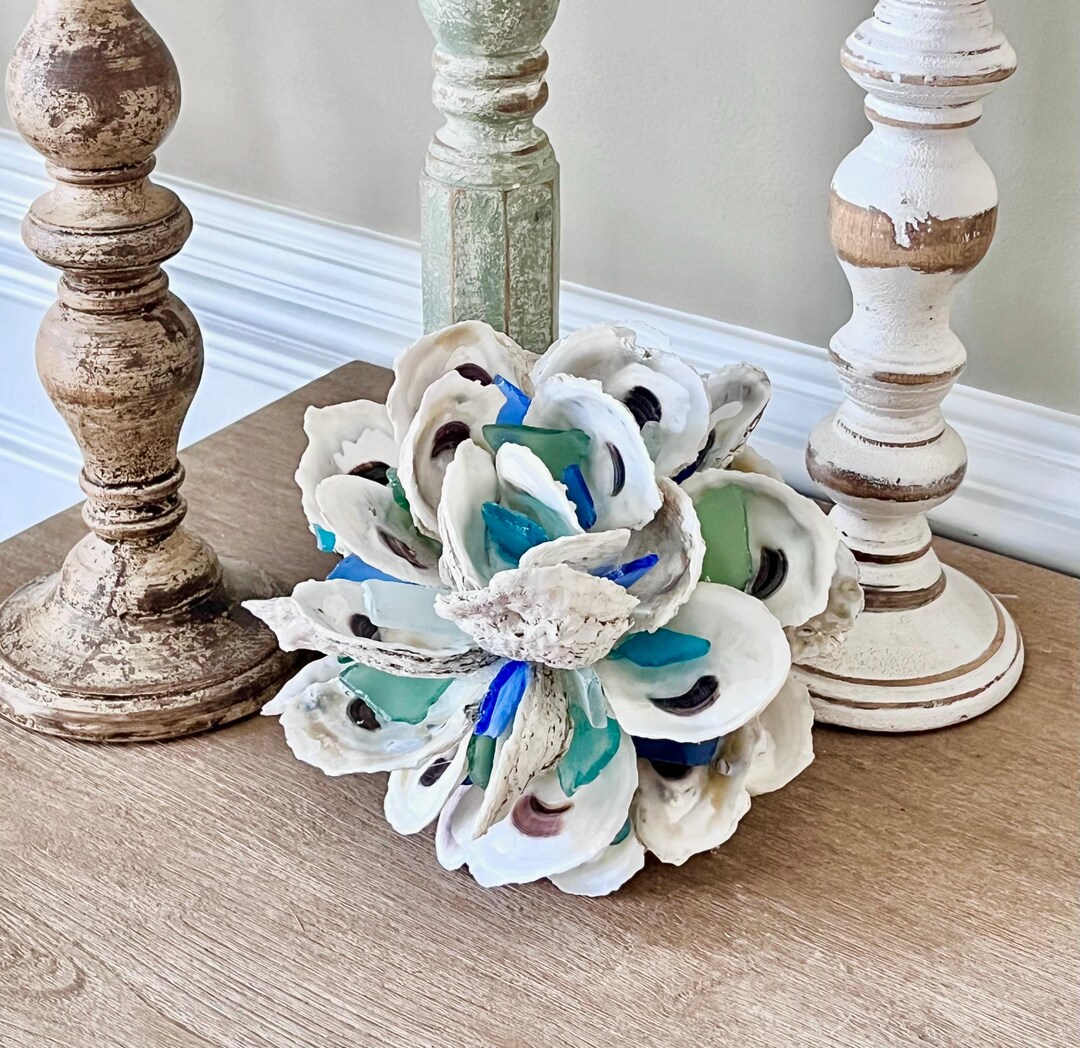 White Oyster Shell Seaglass Ball, Beach Home Decor Accent, Beach Table ...