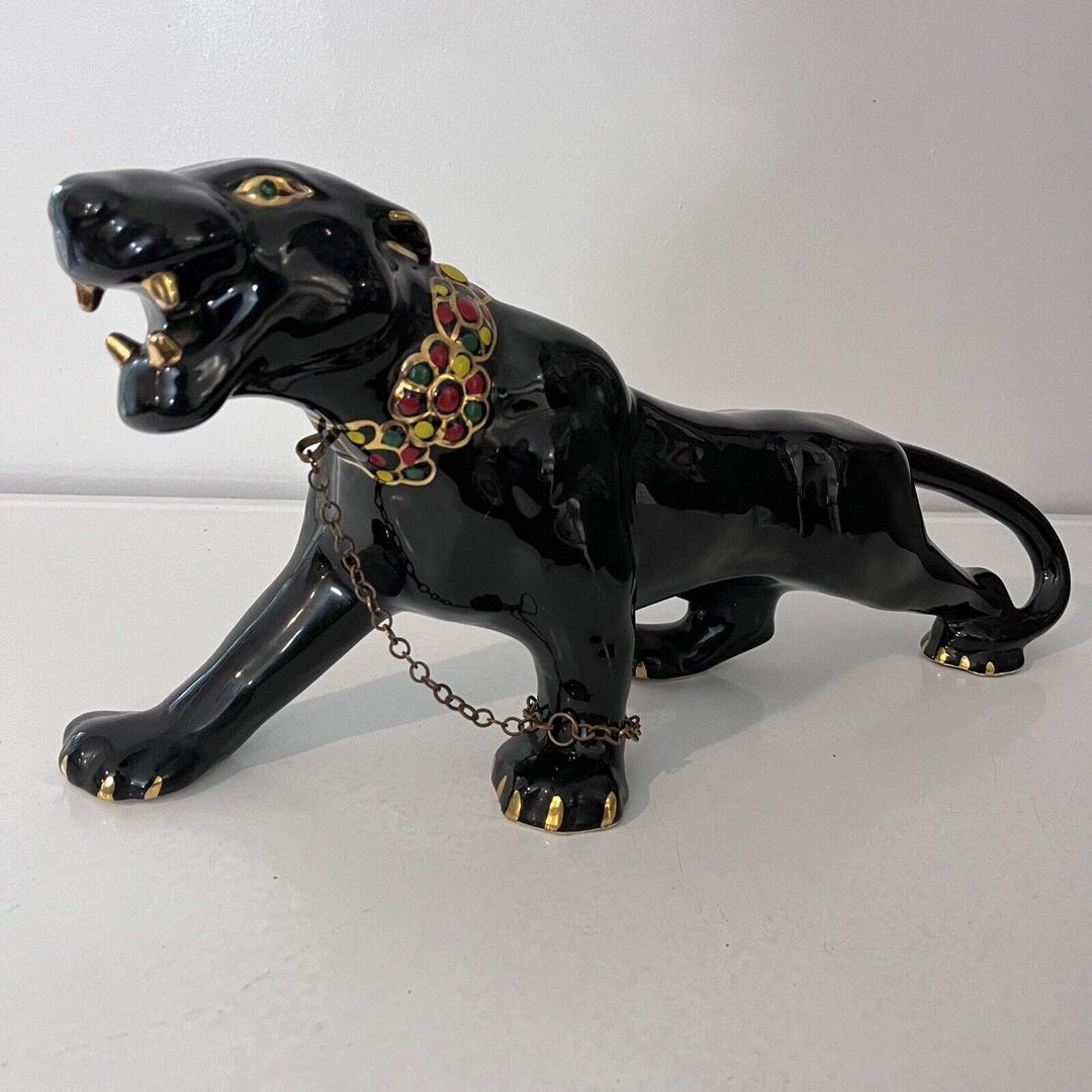 Vintage MCM Black Panther Statue Gold Jewel Tone Collar Green Jewel ...