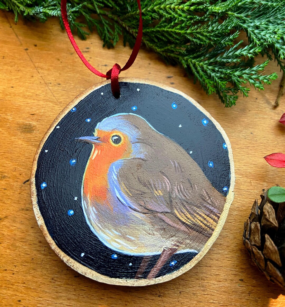 Hand Painted Robin Wood Slice Christmas Tree Decoration, Ornament - Etsy