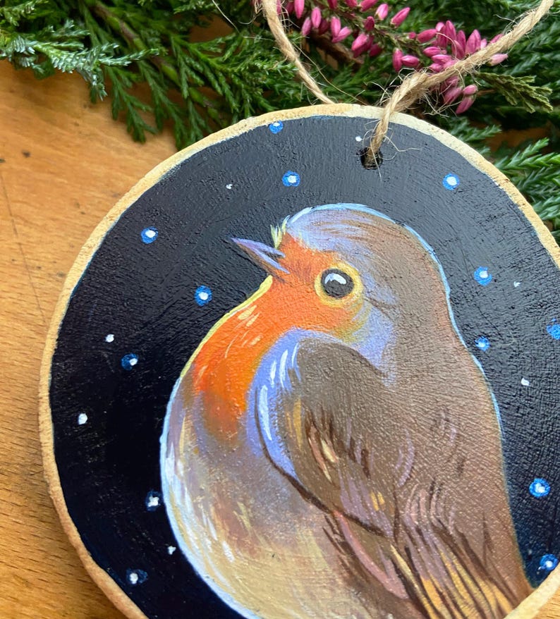Hand Painted Robin Wood Slice Christmas Tree Decoration, Ornament - Etsy