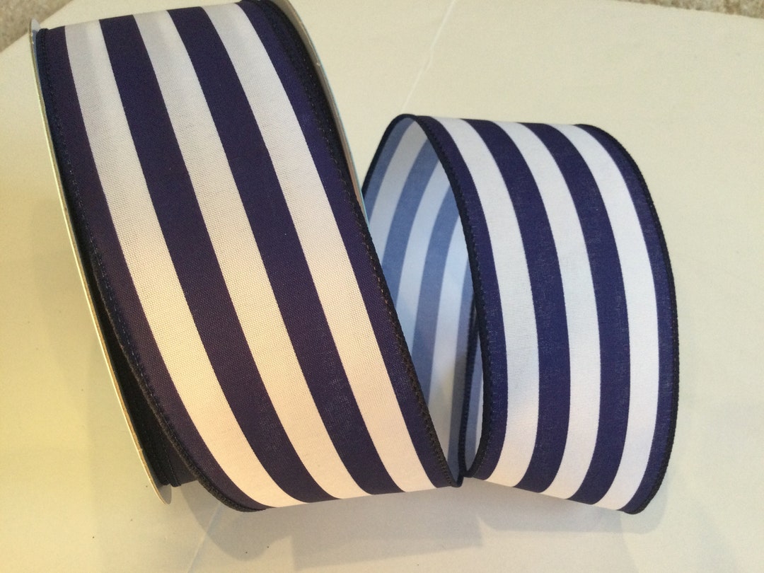Navy and White Stripe Ribbon, 5 Yd Striped Navy Wired Ribbon for ...
