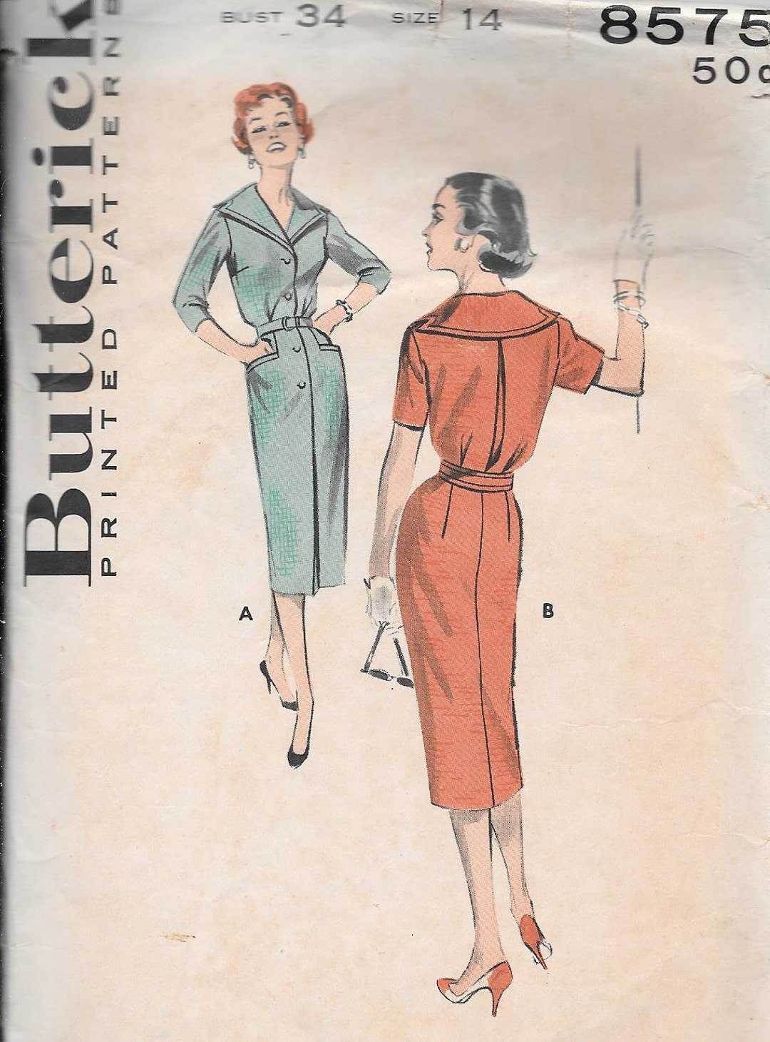 1950s Butterick 8575 Misses' Dress Size 14 Bust 34 Vintage Sewing ...