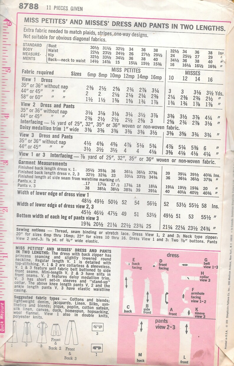 Vintage 1970s Simplicity Sewing Pattern 8788 - Misses' Dress and Pants ...