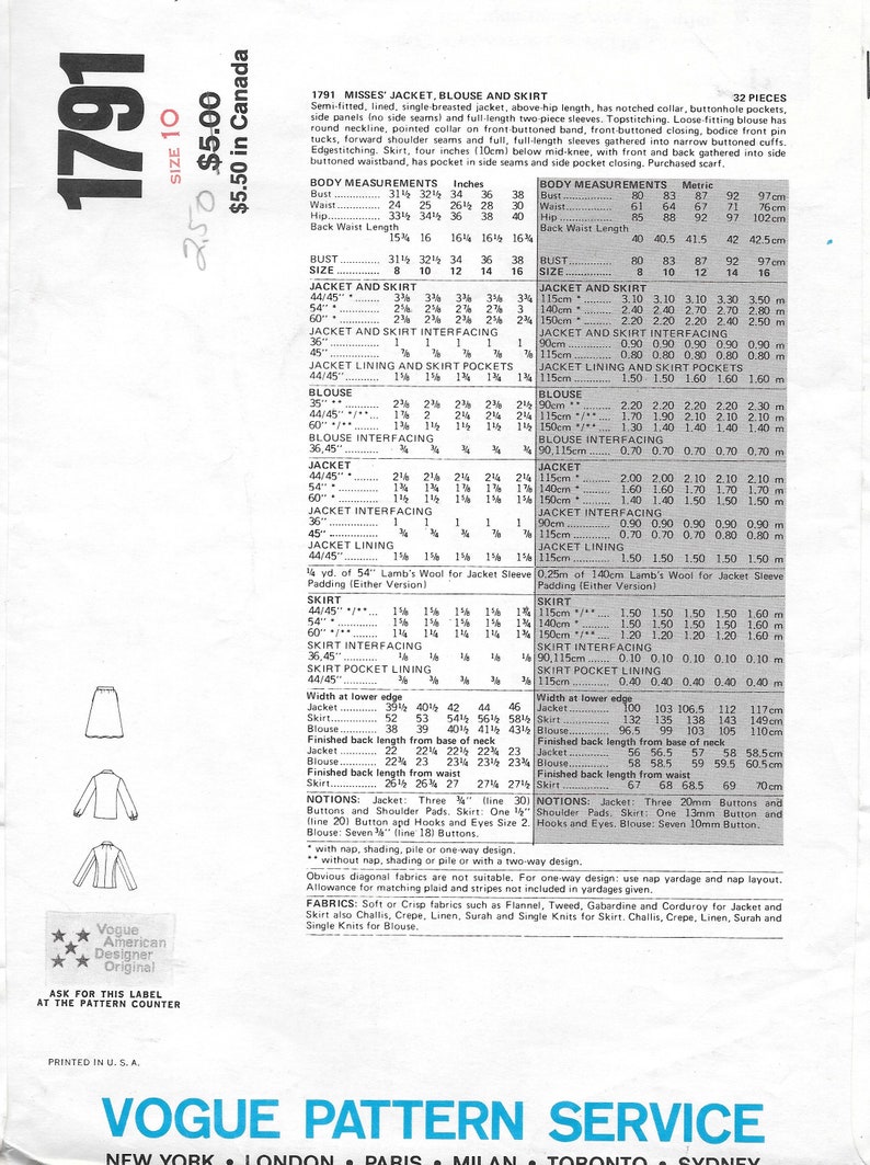 Vintage 1970s Vogue American Designer Pattern 1791 Calvin Klein Misses ...